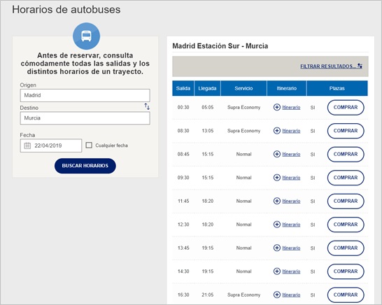 Horarios de todas las rutas de autobuses - Alsa